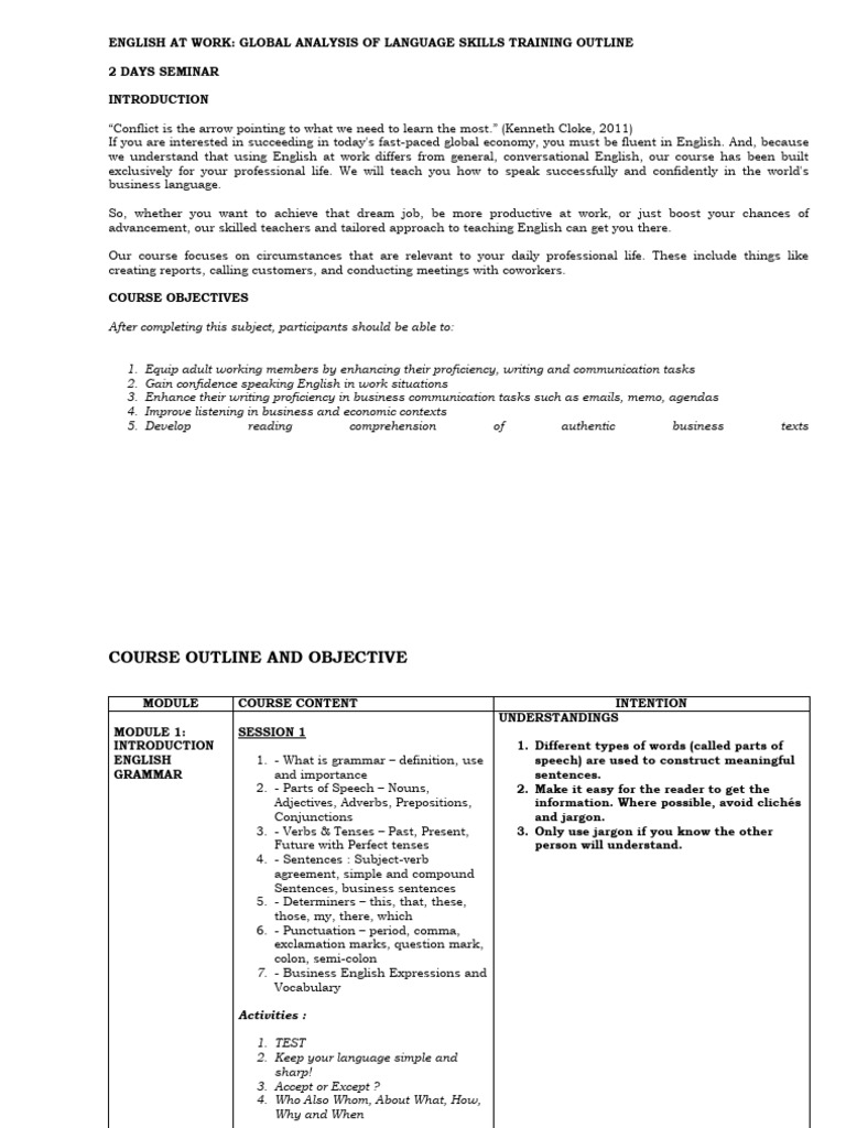 English at Workplace Training Outline Boss Farid Final July 2023 | Download Free PDF | English ...