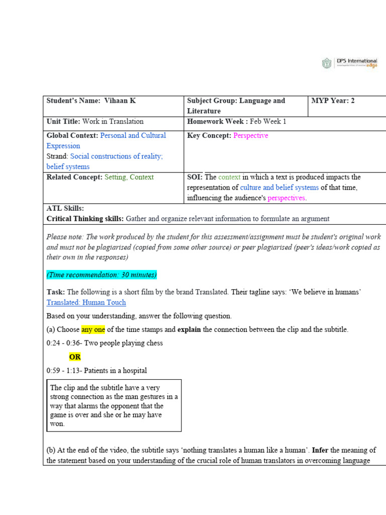MYP Language & Literature Task | PDF | Foreign Language Studies ...