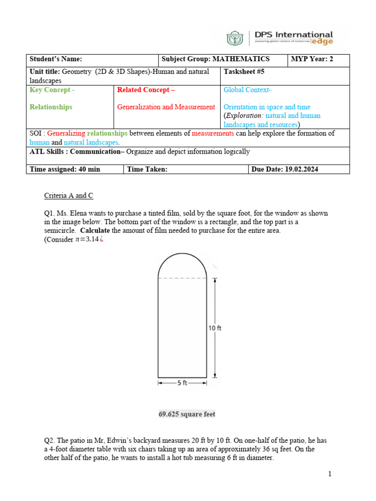 MYP2-Math Tasksheet 5 Term 2 2023-24 - Vihaan K | PDF | Area | Geometry