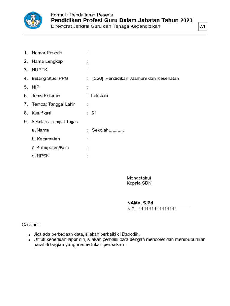 A1 form daftar PPG Daljab | PDF