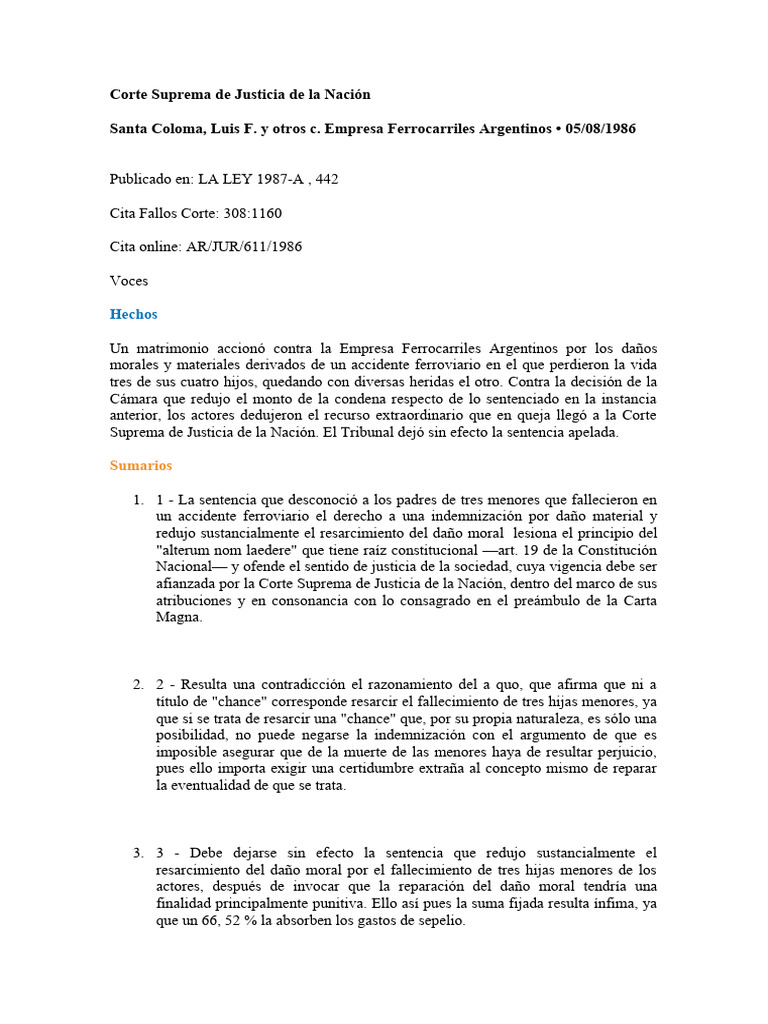 Fallo SANTA COLOMA | PDF | Daños y perjuicios | Sentencia (ley)