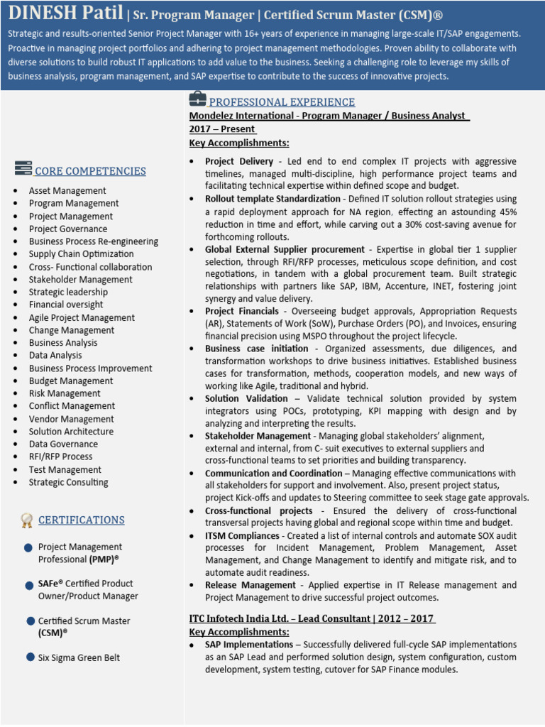 Dinesh Jagtap PMP - SR - Program Manager - LUX | PDF | Project Management | Agile Software ...