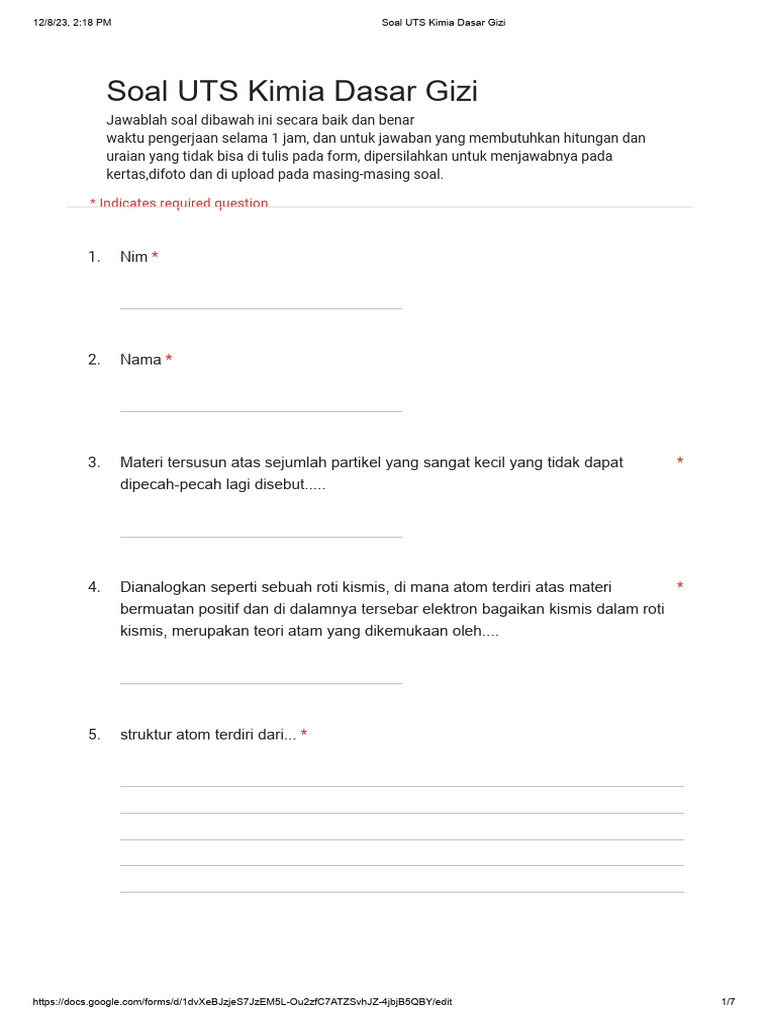 Soal UTS Kimia Dasar Gizi | PDF