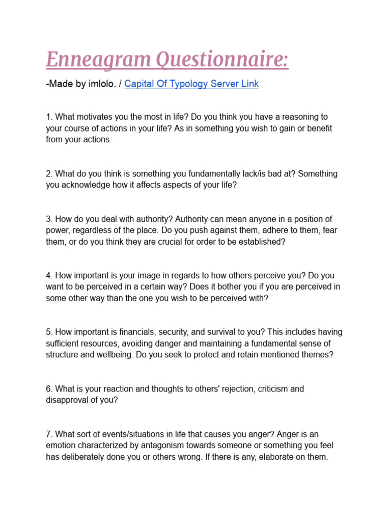 Enneagram Questionnaire | PDF | Guilt (Emotion) | Anger