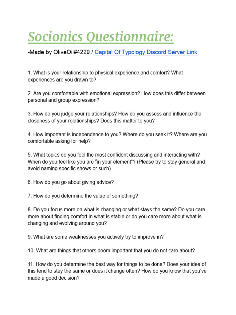 Socionics Questionnaire | PDF