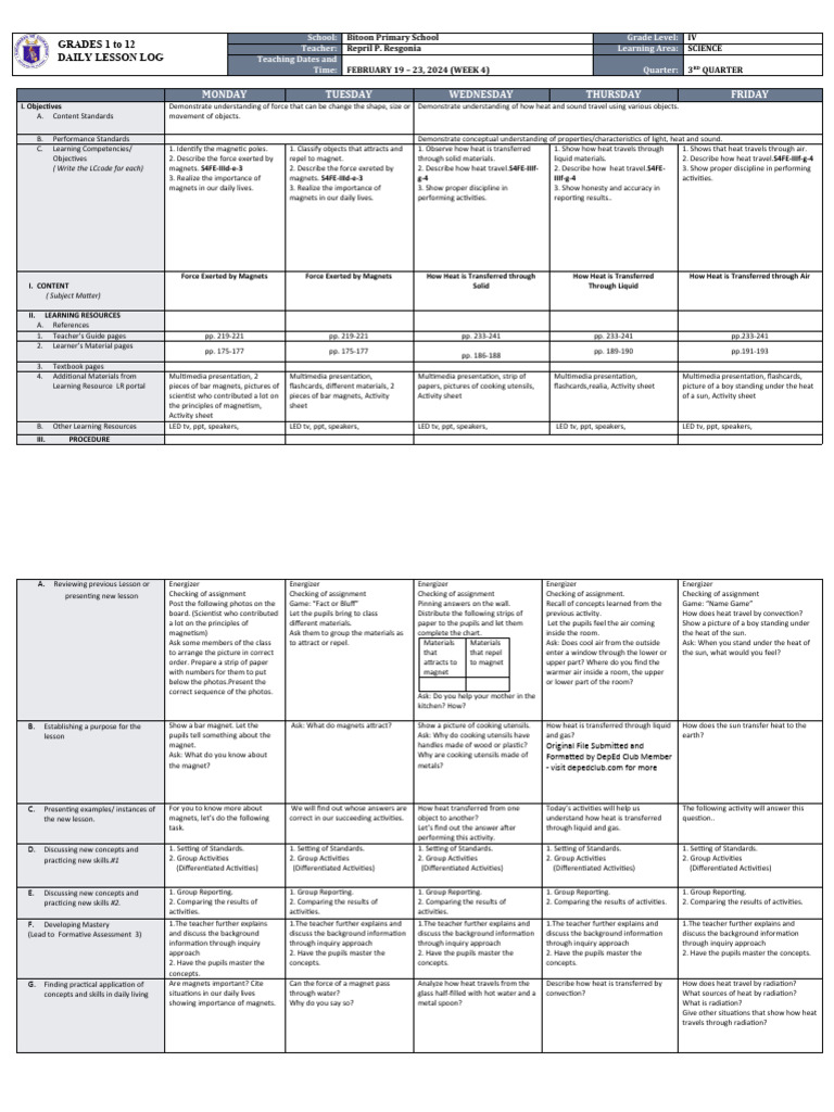DLL - Science 4 - Q3 - W4 | PDF | Heat | Magnet