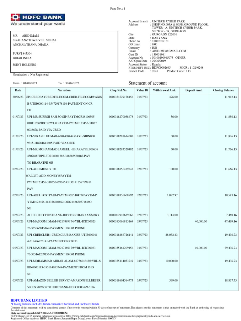 Bank Statement for Abid Imam | PDF | Institutional Investors | Banks