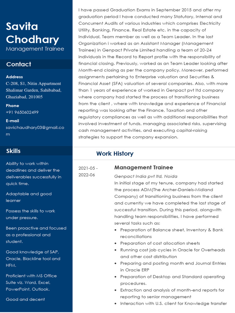 Savita Chodhary Resume India | PDF | Balance Sheet | Oracle Corporation