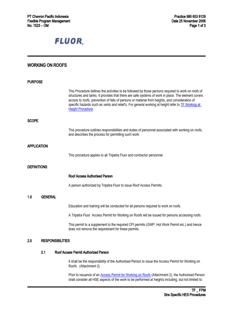 TF Working On Roofs Procedure | PDF | Roof | Safety