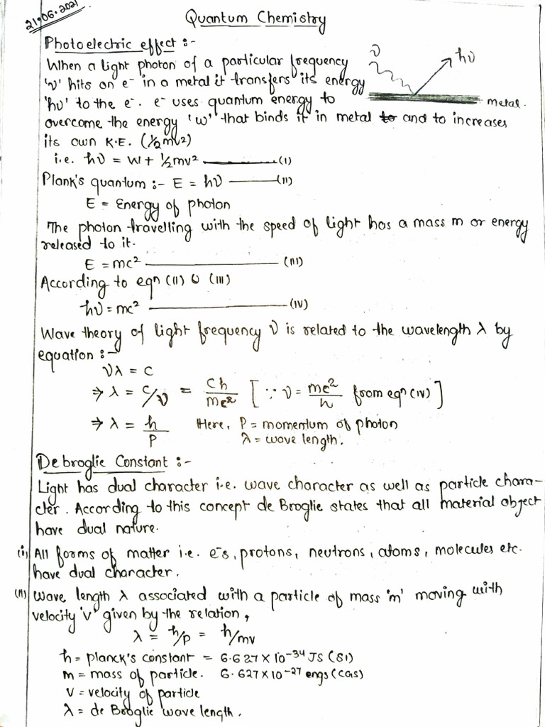 Quantum Chemistry Notes Pdf Atomic Orbital Photon