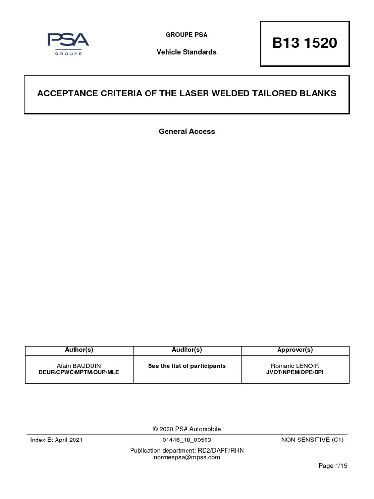 B13 - 1520 - Ind.E-Laser Welded TWB Blank Acceptance Criteria | PDF ...