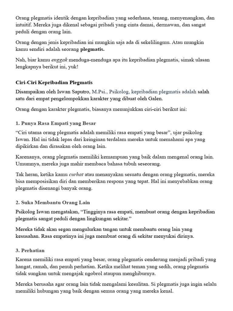 Mengenal Kepribadian Plegmatis | PDF