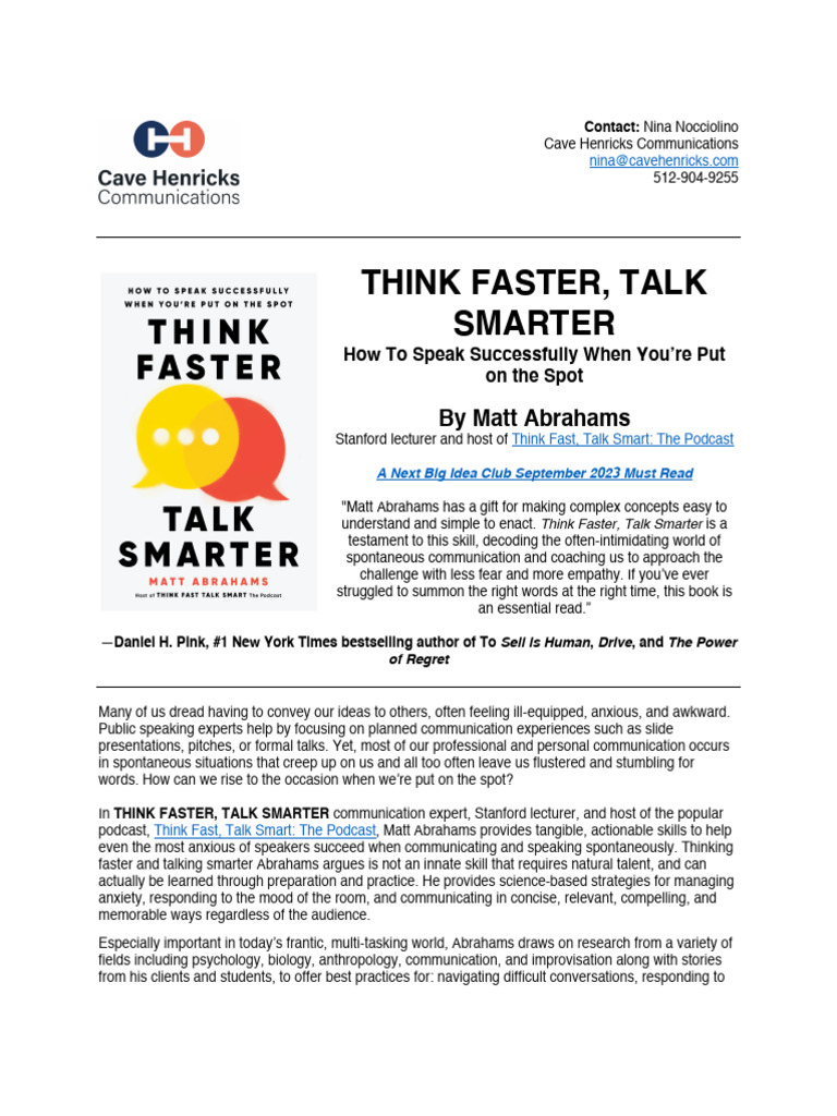 PressKit Think Faster Talk Smarter - Abrahams | PDF | Communication | Public Speaking