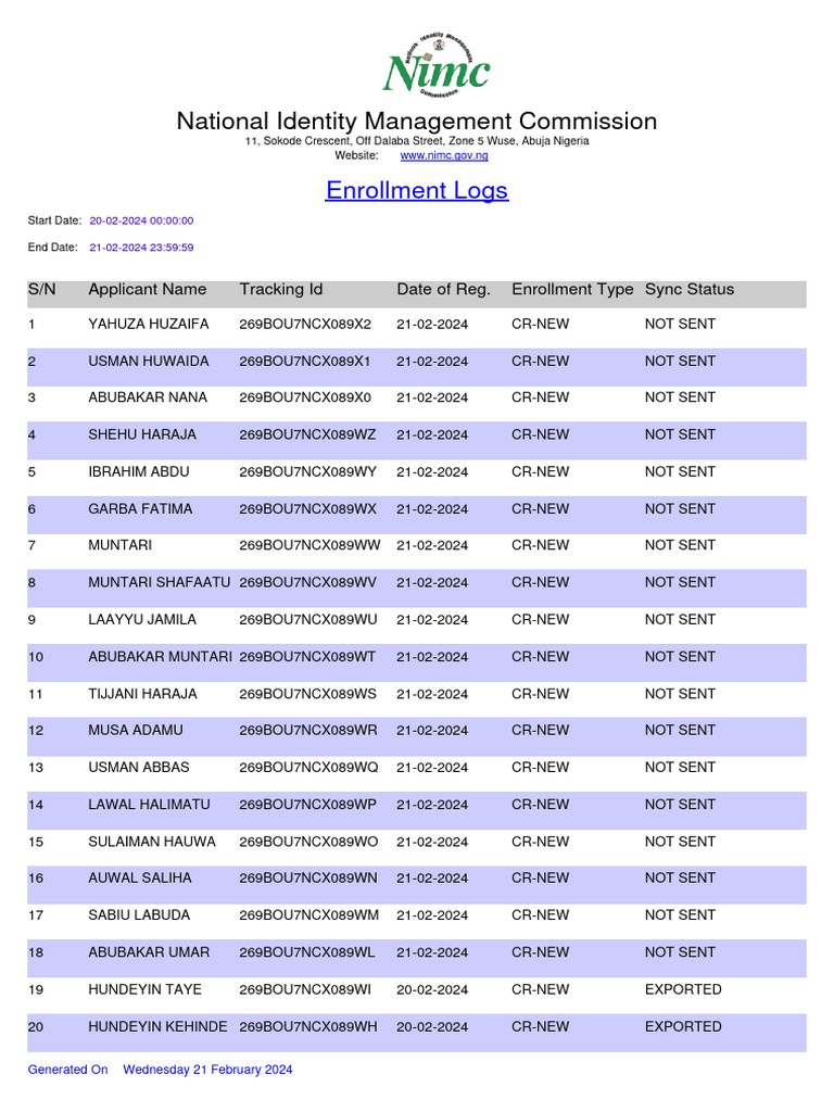 National Identity Management Commission: Enrollment Logs | PDF