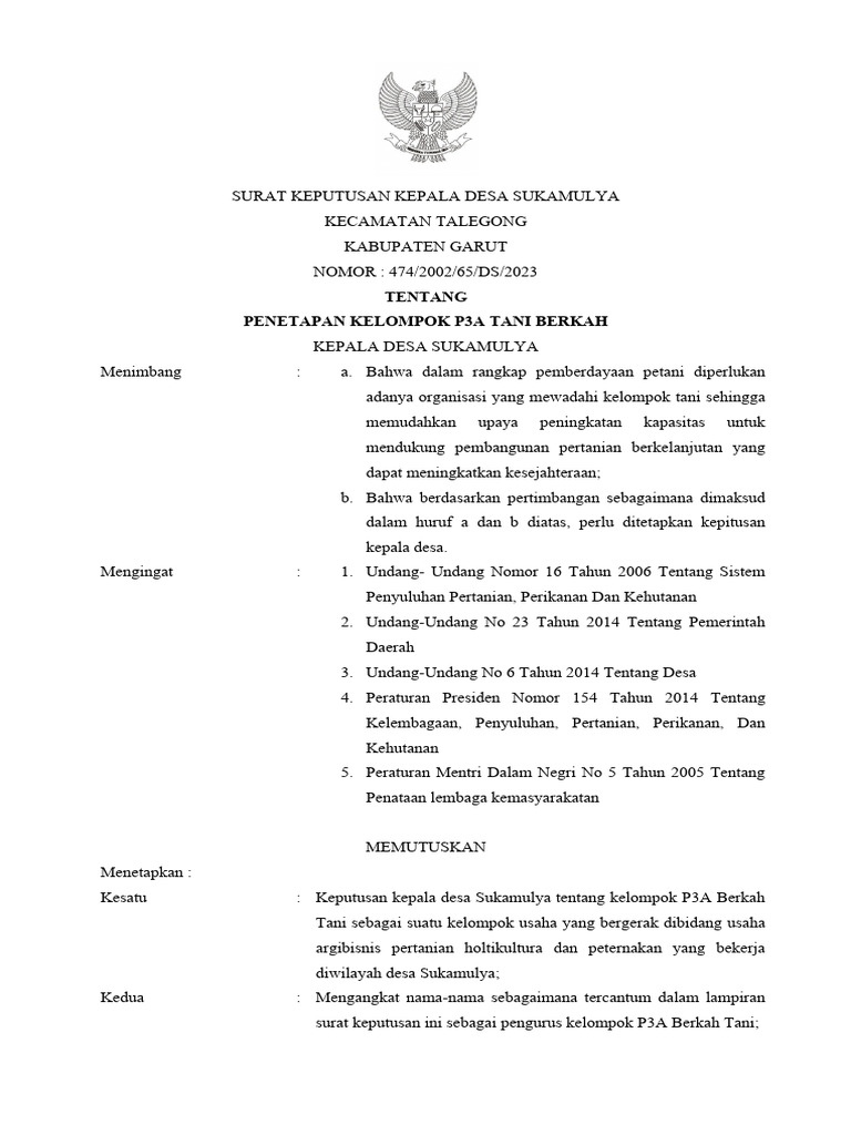 Penetapan Kelompok P3A Tani Berkah | PDF