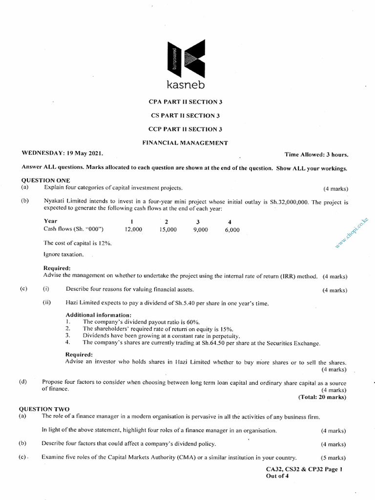 CPA Financial Management Pilot Paper | PDF | Cost Of Capital | Internal ...