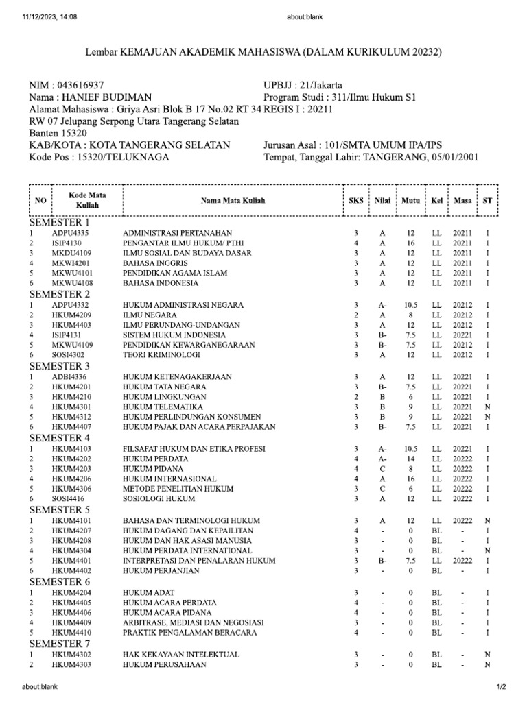 Transkrip Nilai Semester 5 | PDF