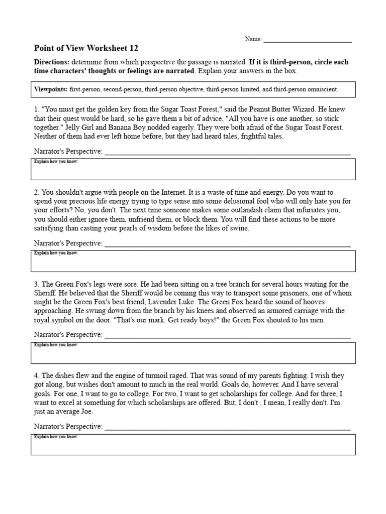 Point of View Worksheet 12 | PDF | Narration