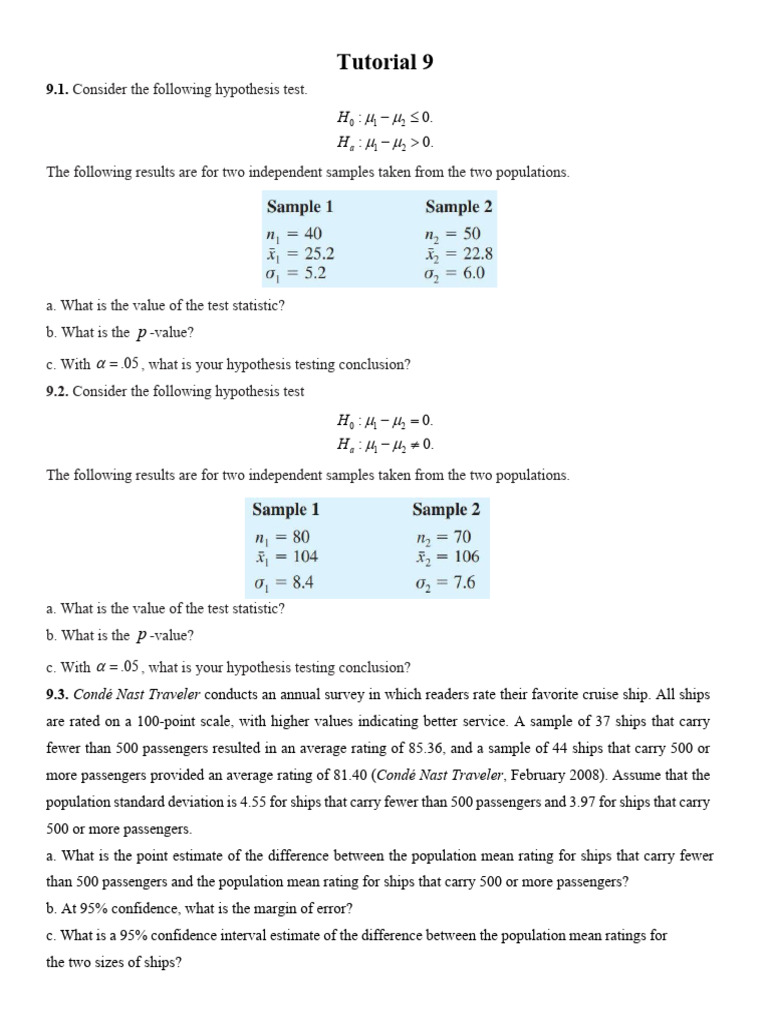 2024 Tutorial 09 | PDF | Statistical Hypothesis Testing | Sat