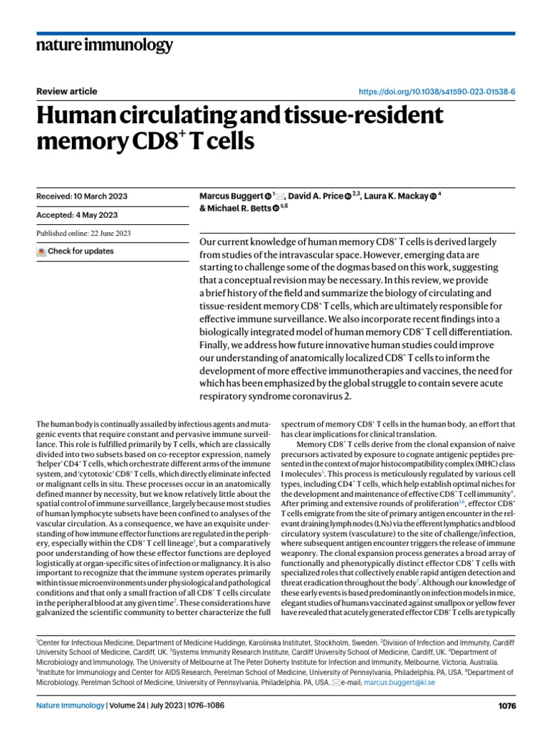Human Circulating and Tissue-Resident Memory CD8 T Cells: Nature ...