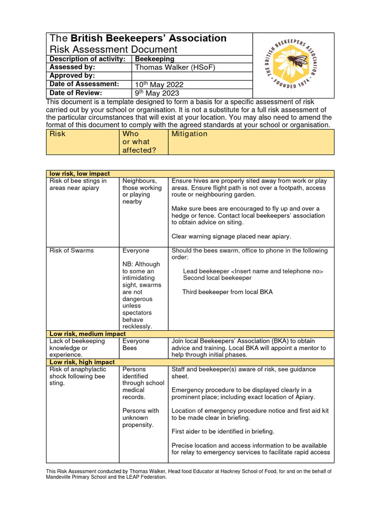 HSF BBKA Risk Assessment 2022 | PDF | Beekeeping | Beehive