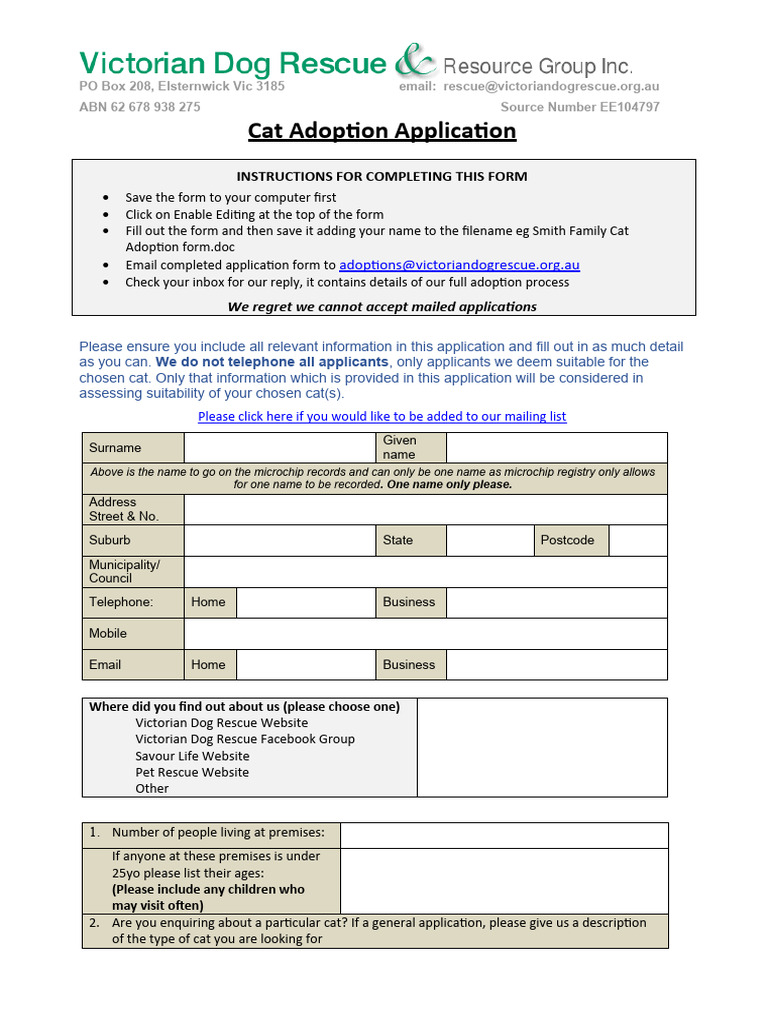 Cat Adoption Form | PDF | Cats | Pet