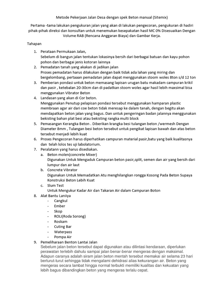 Metode Pekerjaan Jalan Desa Dengan Spek Beton Manual | PDF