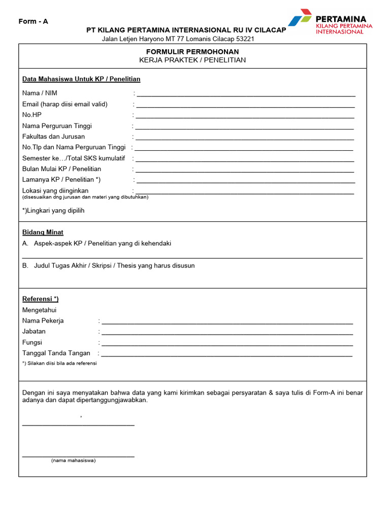 Formulir Permohonan Kerja Praktek (New) | PDF