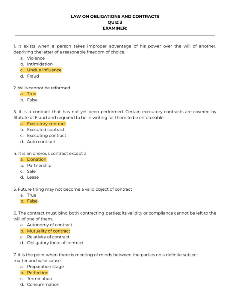 Law Quiz: Obligations & Contracts | PDF | Void (Law) | Common Law