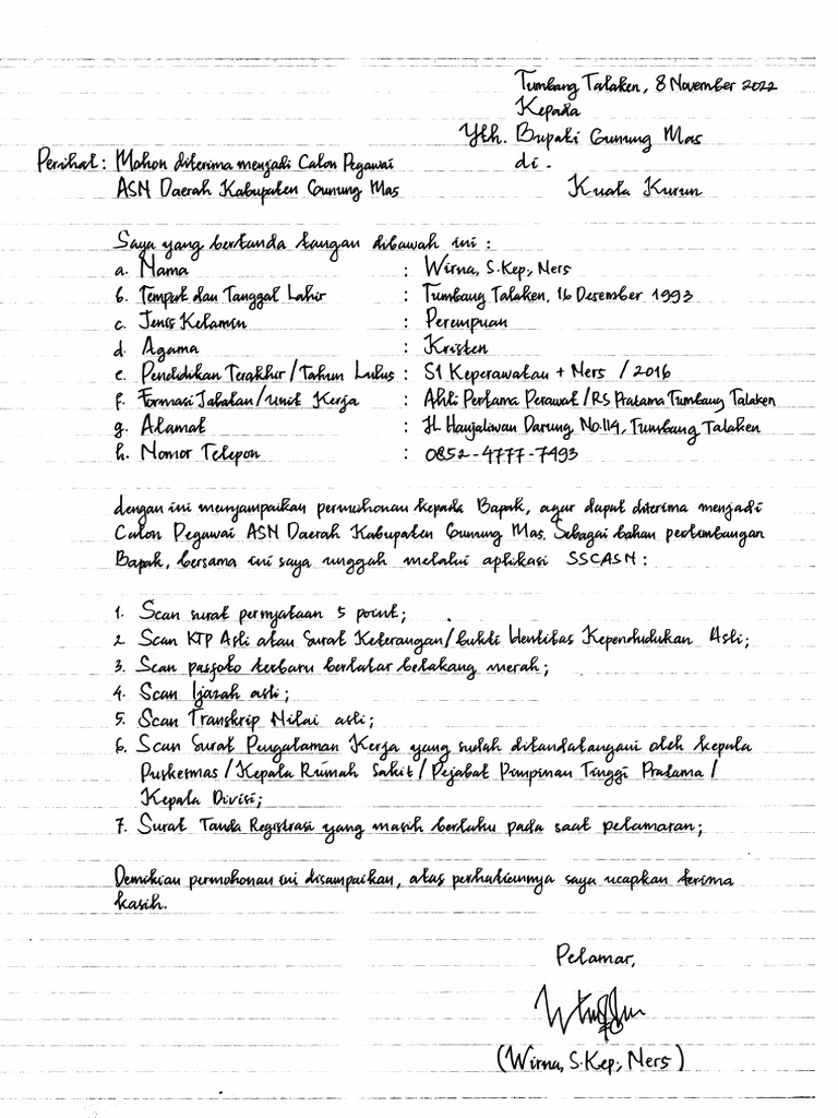 Surat Lamaran Wirna, S.Kep.,Ners | PDF