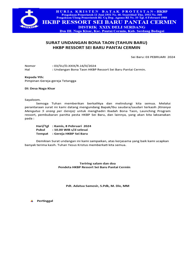 Undangan Ibadah Bona Taon HKBP 2024 | PDF