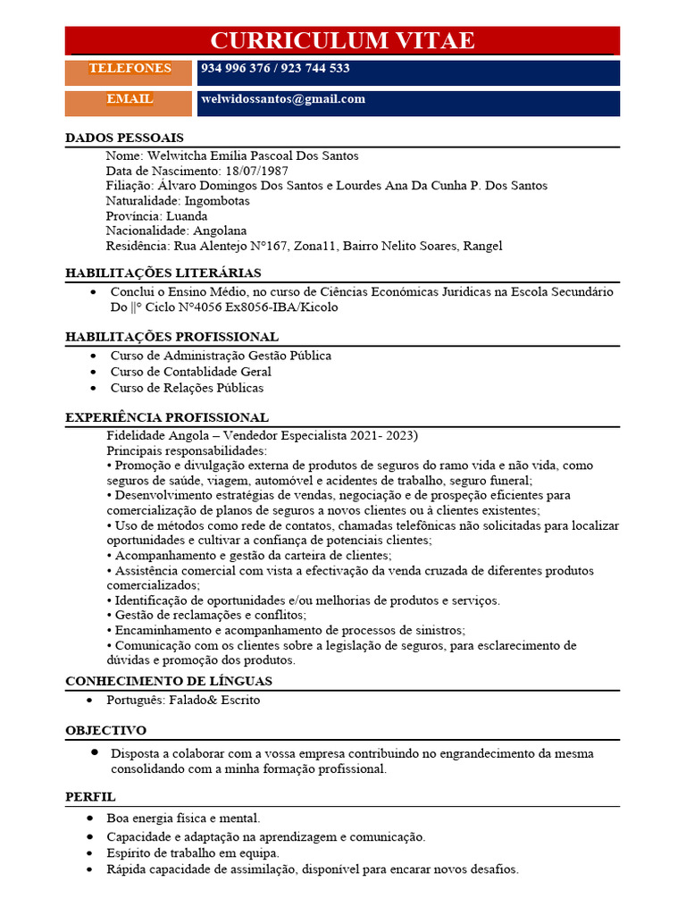 Curriculum Vitae de Welwitcha Santos | PDF