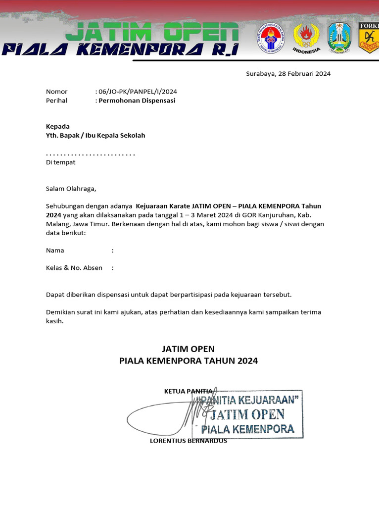 Surat Permohonan Dispensasi JATIM OPEN PIALA KEMENPORA 2024 | PDF