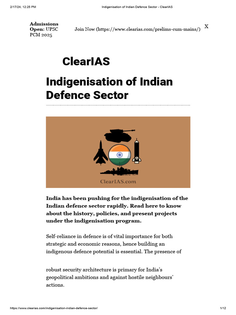 Indigenisation of Indian Defence Sector - ClearIAS | PDF | Military ...