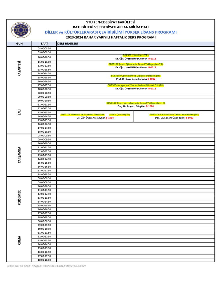Diller Ve Kulturlerarasi Ceviribilimi 2023 2024 Bahar Yuksek Lisans Ders Programi | PDF