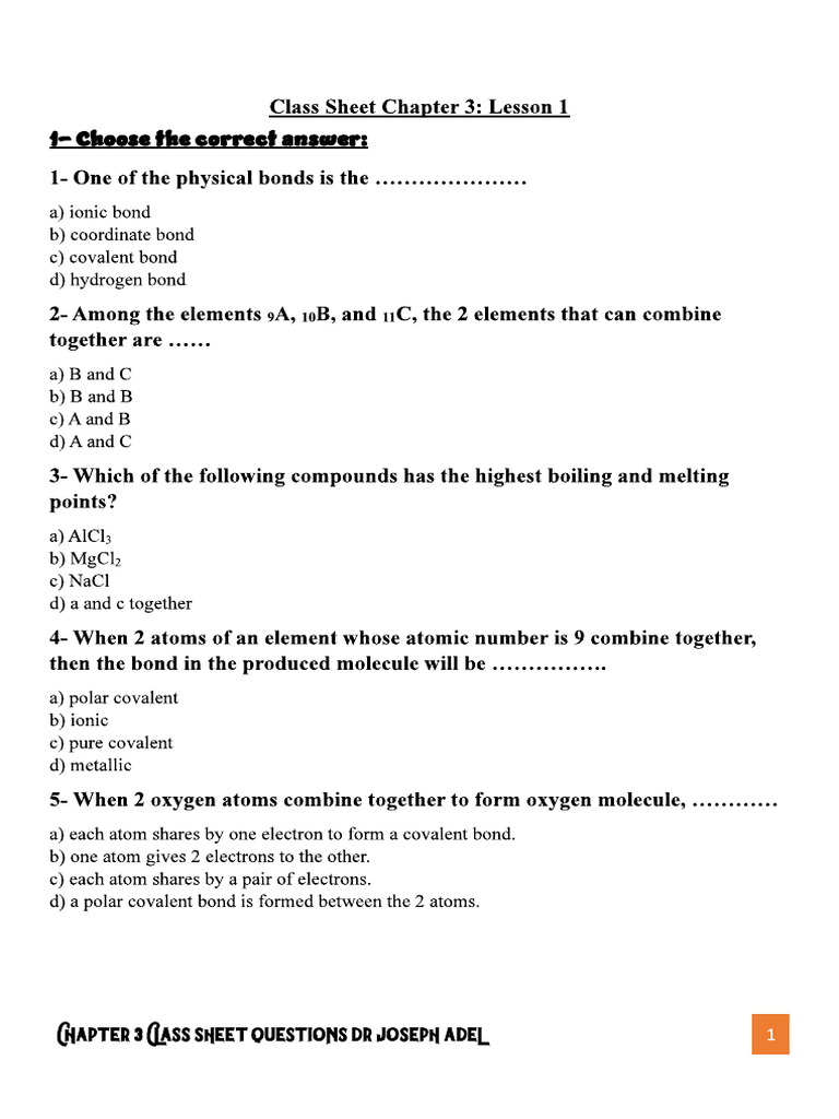 Chemistry Grade 11 Class Sheet | PDF