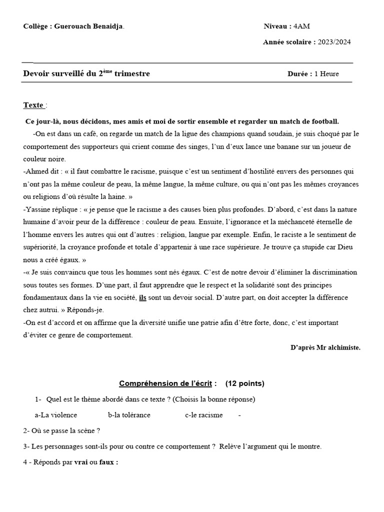 Devoir Racisme 4am Final | PDF | Racisme | Discrimination et relations raciales