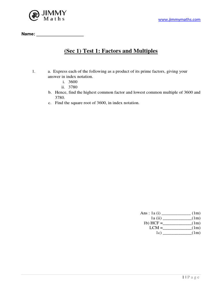Sec 1 Test 1 Factors and Multiples | PDF | Mathematical Concepts | Algebra