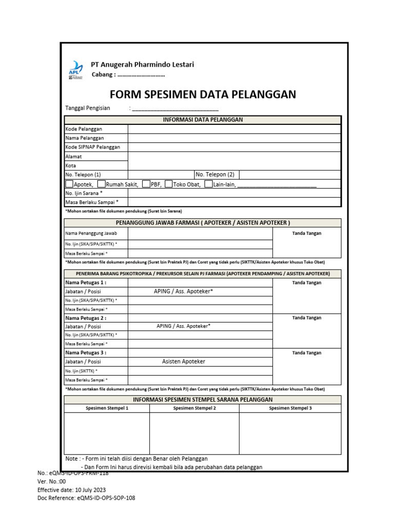 Apl-Form Spesimen Data Pelanggan | PDF