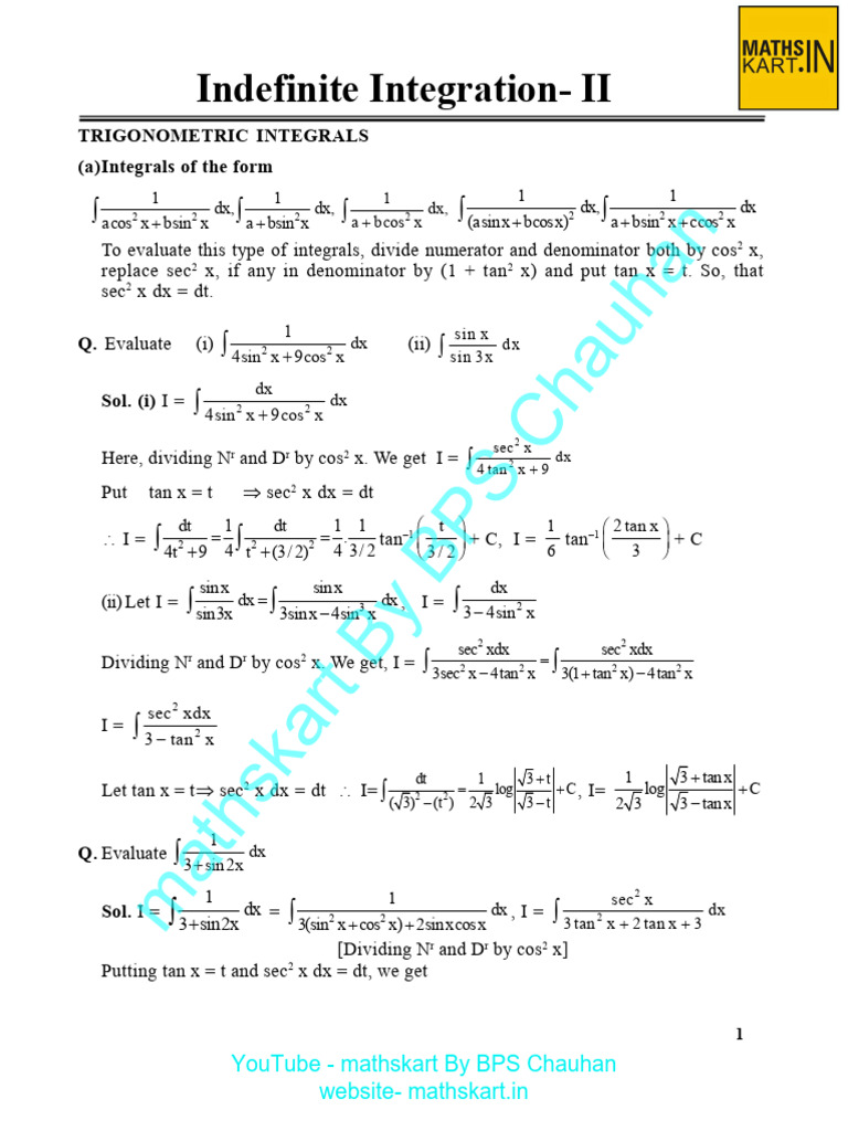 Indefinite Integration Complete Theory Part 2 E Pdf Function Mathematics Mathematical