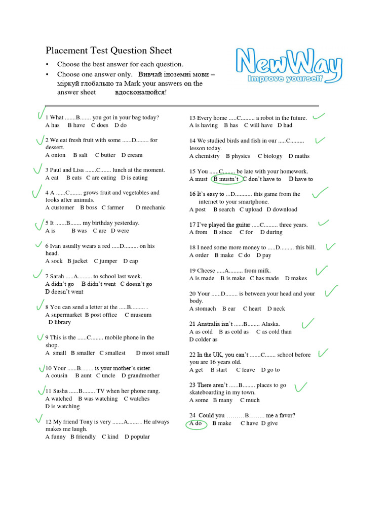 English Placement Test Questions | PDF