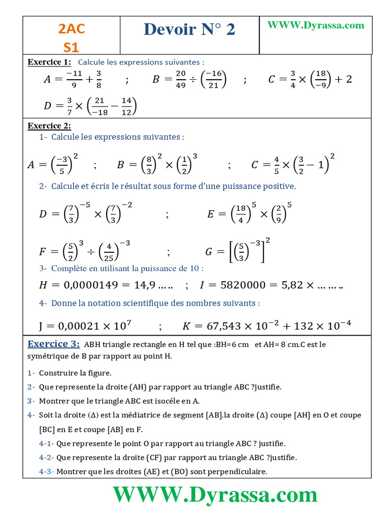 Devoir N2 Maths 2AC - Semestre 1 - Modele - 2 | PDF