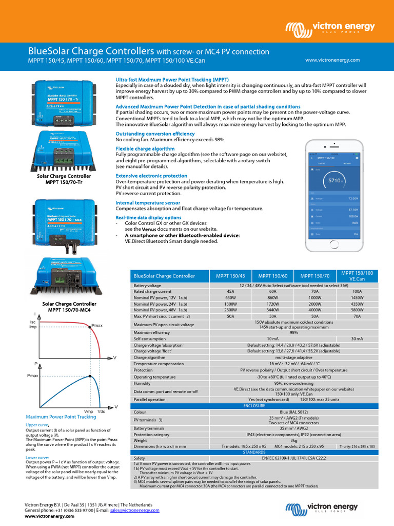 Datasheet BlueSolar Charge Controller MPPT 150 45 Up To 150 100 EN | PDF | Energy Conversion ...