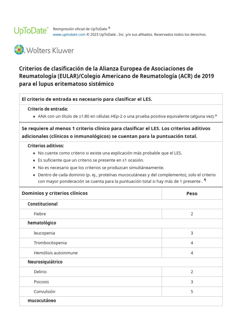 Criterios de Clasificación EULAR ACR para LES | PDF | Especialidades ...