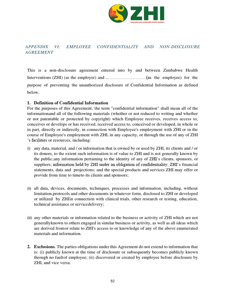 Appendix VI Employee Confidentiality and Non-Disclosure Agreement | PDF ...