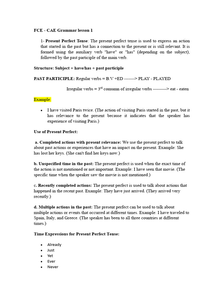 FCE - Grammar Lesson 1 | PDF | Perfect (Grammar) | Grammatical Tense