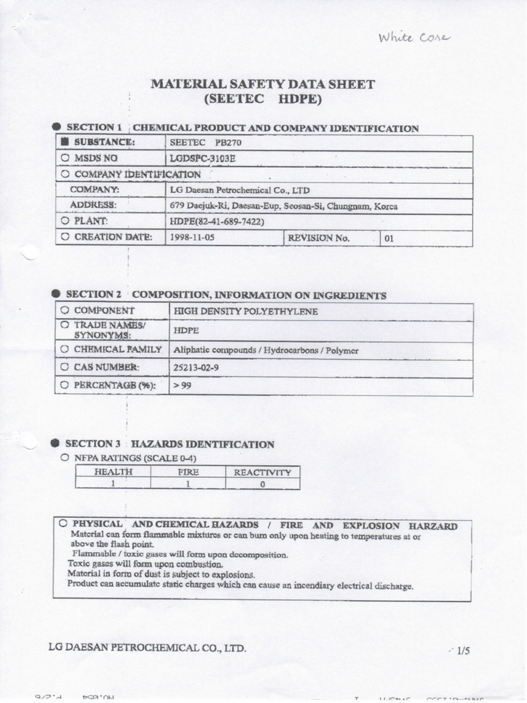 MSDS For Pe Core | PDF