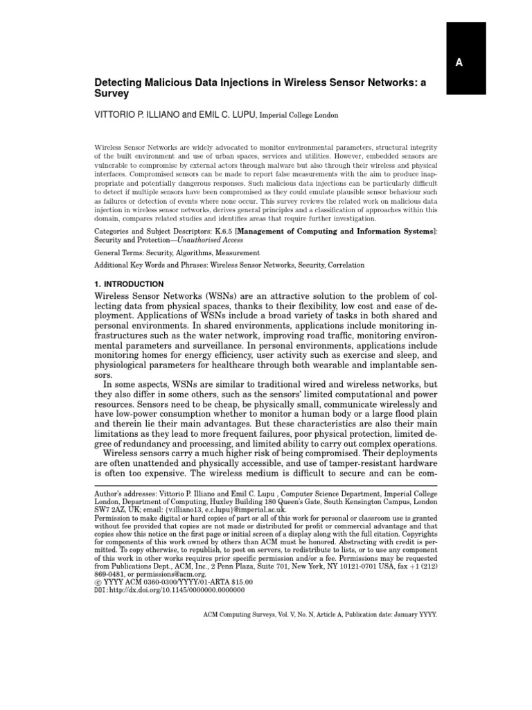 Detecting Malicious Data Injections in Wireless Sensor Networks: A Surve | PDF | Wireless Sensor ...