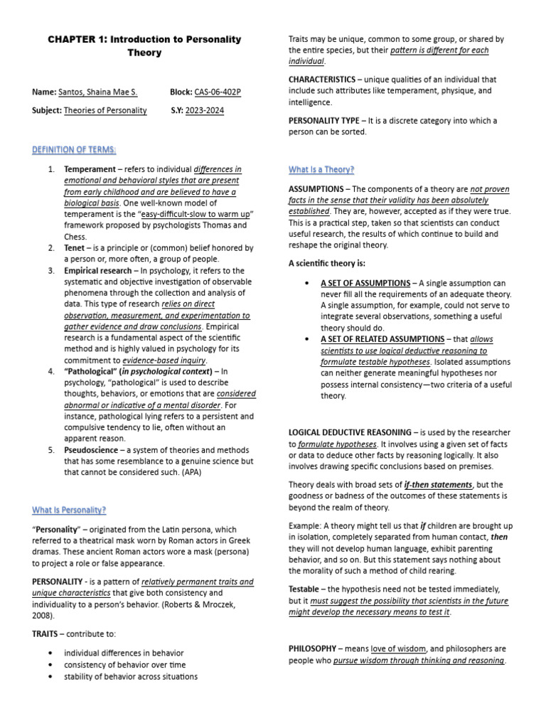 CHAPTER 1 - Theories of Personality (NOTES) | PDF | Optimism | Hypothesis