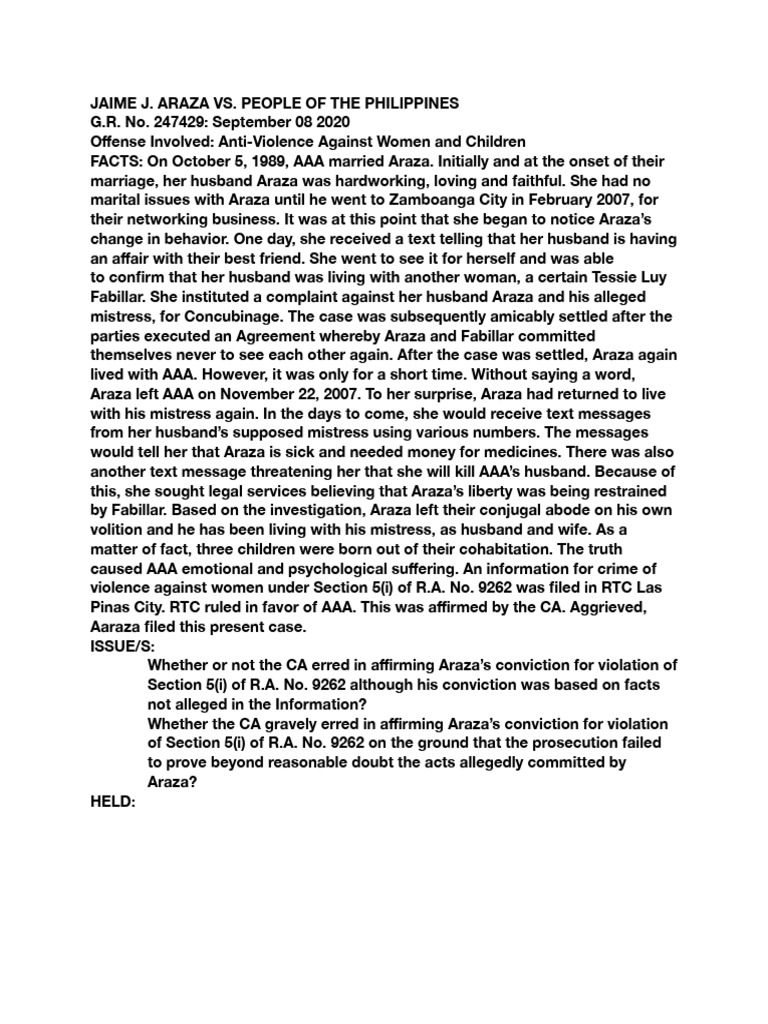 Araza's Conviction for Psychological Violence | PDF | Reasonable Doubt ...